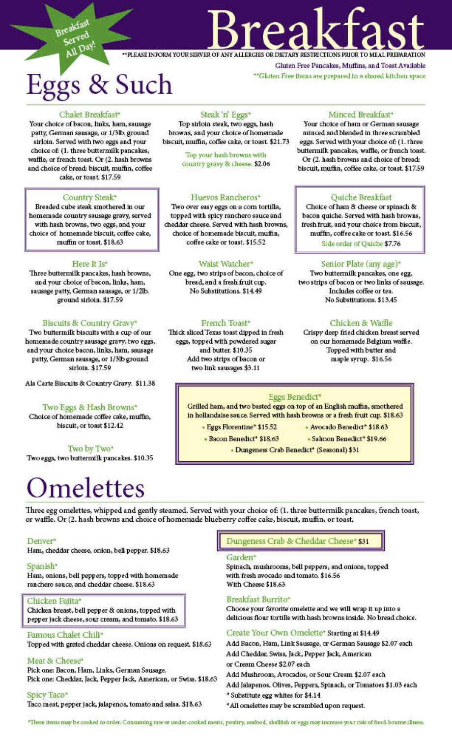 Chalet Restaurant & Bakery - Menus