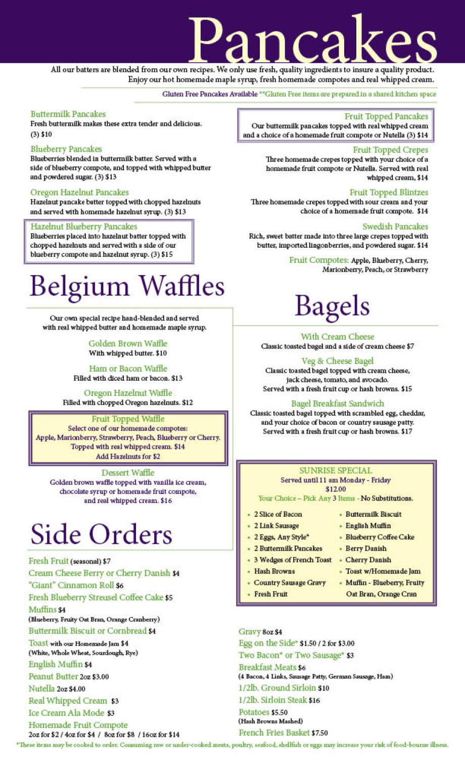 Chalet Restaurant & Bakery - Menus