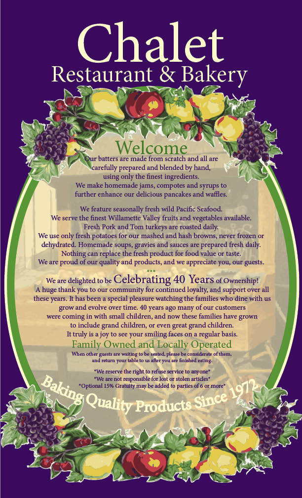 Chalet Restaurant & Bakery - Menus