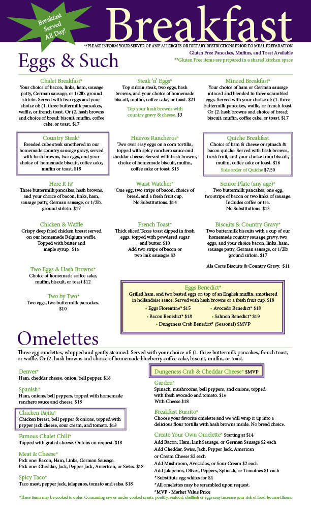 Chalet Restaurant & Bakery - Menus